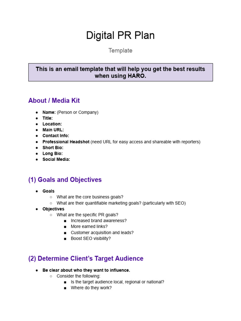 Digital PR Plan Template for HARO Success | PDF | Target Audience ...