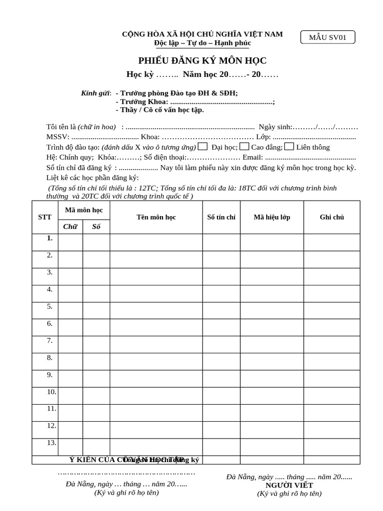 So Tay Dang Ky Tin Chi | PDF