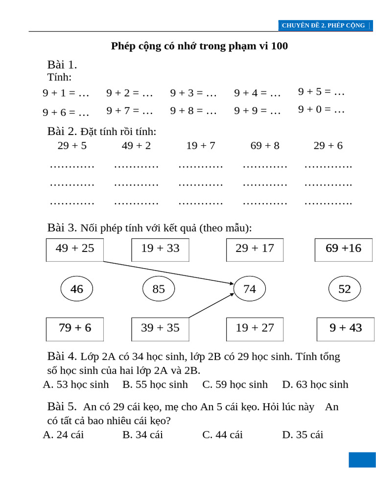 Bai Tap Ve Phep Cong Co Nho Trong Pham Vi 100 | PDF
