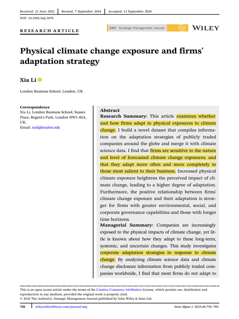 Physical Climate Change Exposure and Firms' Adaptation Strategy | PDF ...