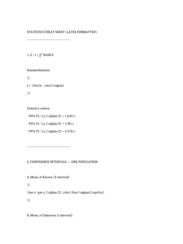Statistics Cheat Sheet for Hypothesis Testing | PDF | Standard ...