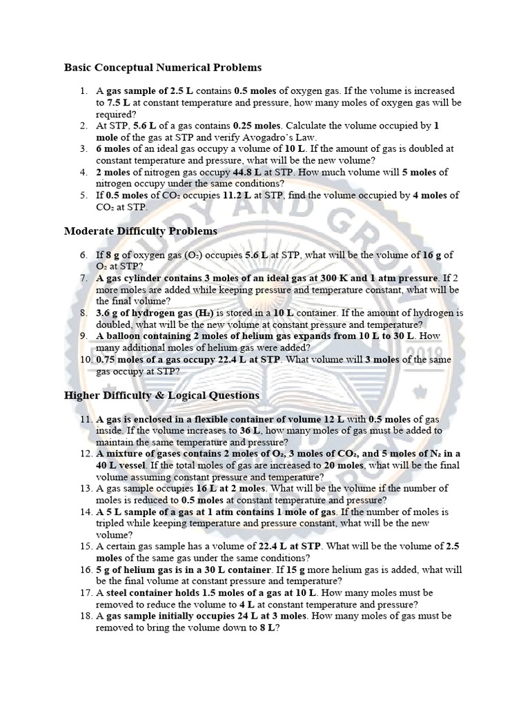 CHEMISTRY Basic Conceptual Numerical Problems Class 10 | PDF | Gases ...