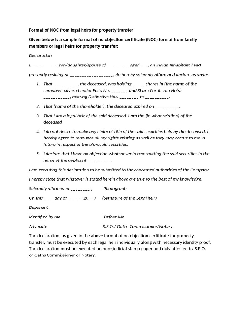NOC Format for Property Transfer | PDF