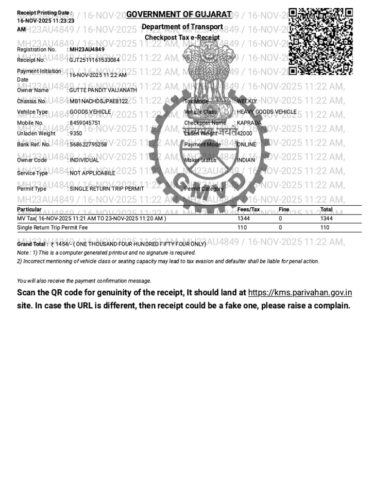 Gujarat Checkpost Tax e-Receipt MH23AU4849 | PDF | Payments