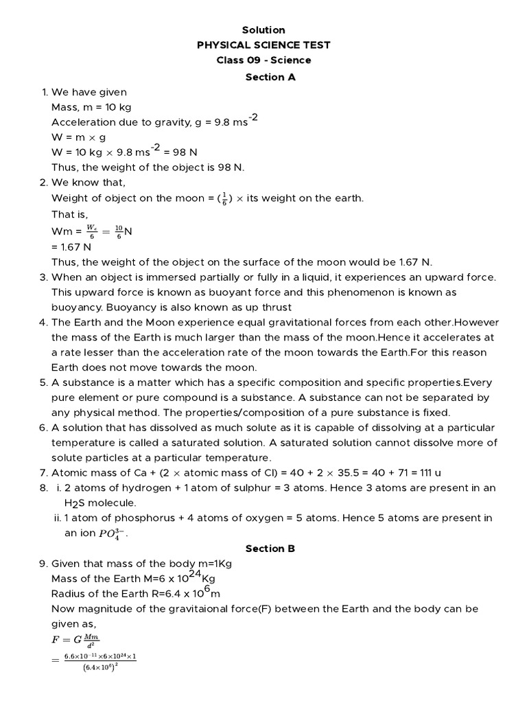 Physical Science Test Solutions 1 | PDF | Mixture | Weight