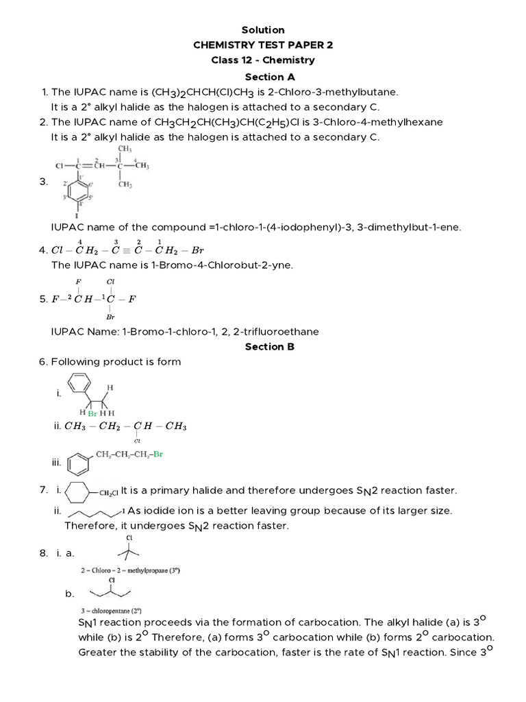 Class 12 Chemistry Test Paper Solutions | PDF | Chemical Reactions ...