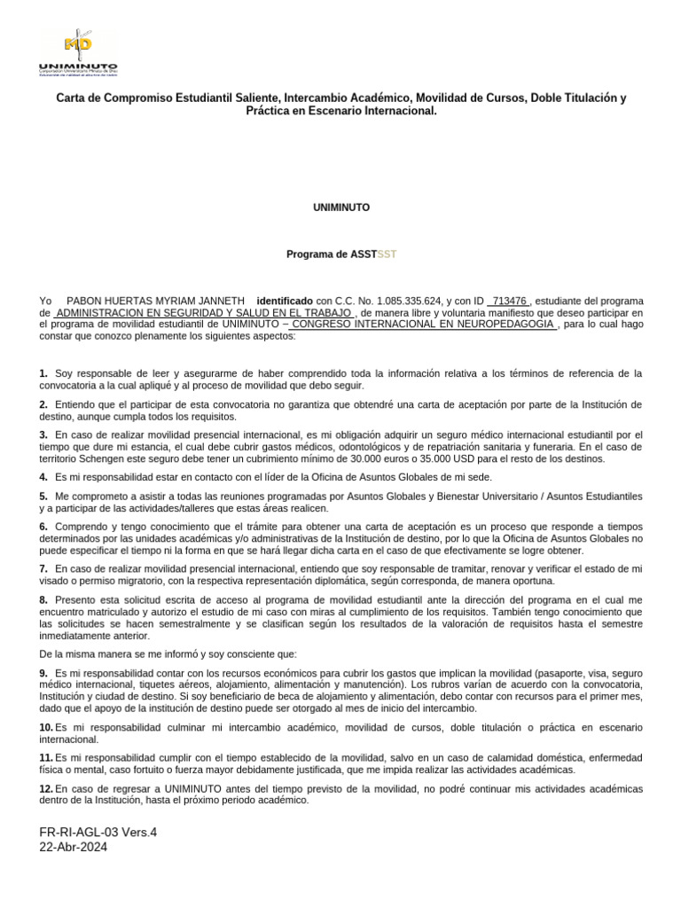 Carta de Compromiso Estudiantil Saliente, Intercambio Académico ...