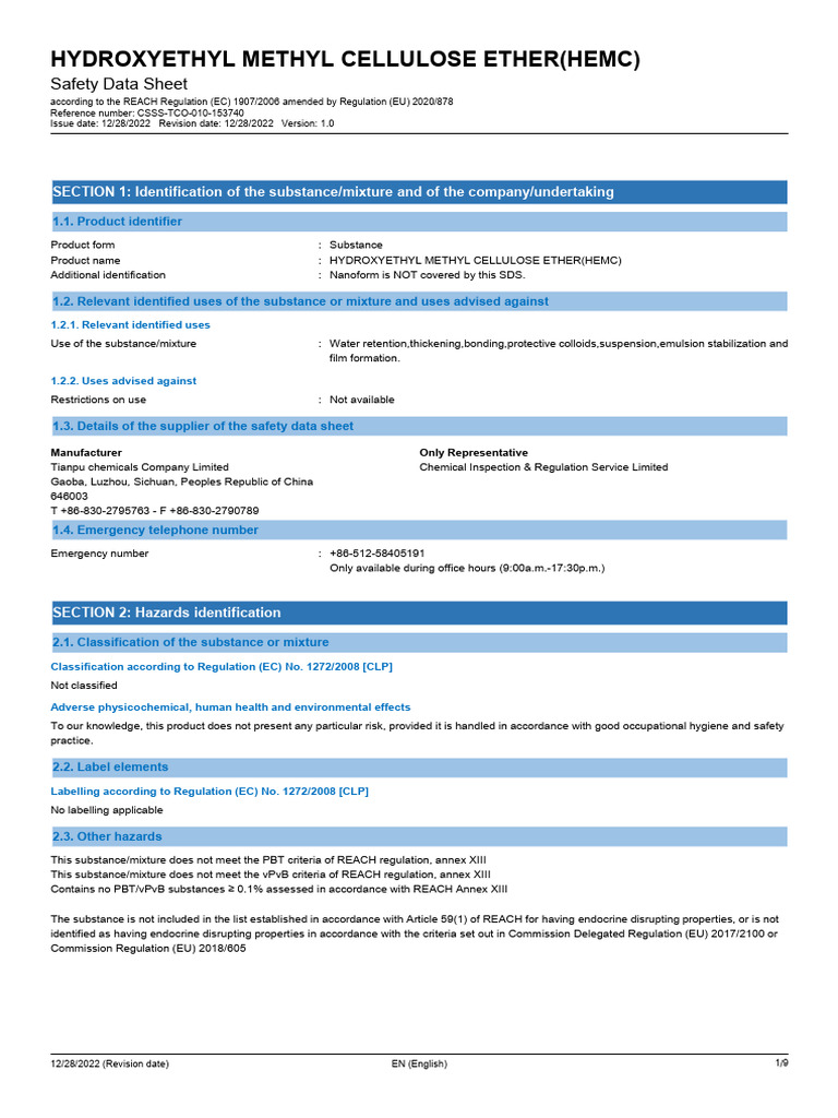 Msds Tianpu Hemc Eng | PDF | Toxicity | Environmental Science