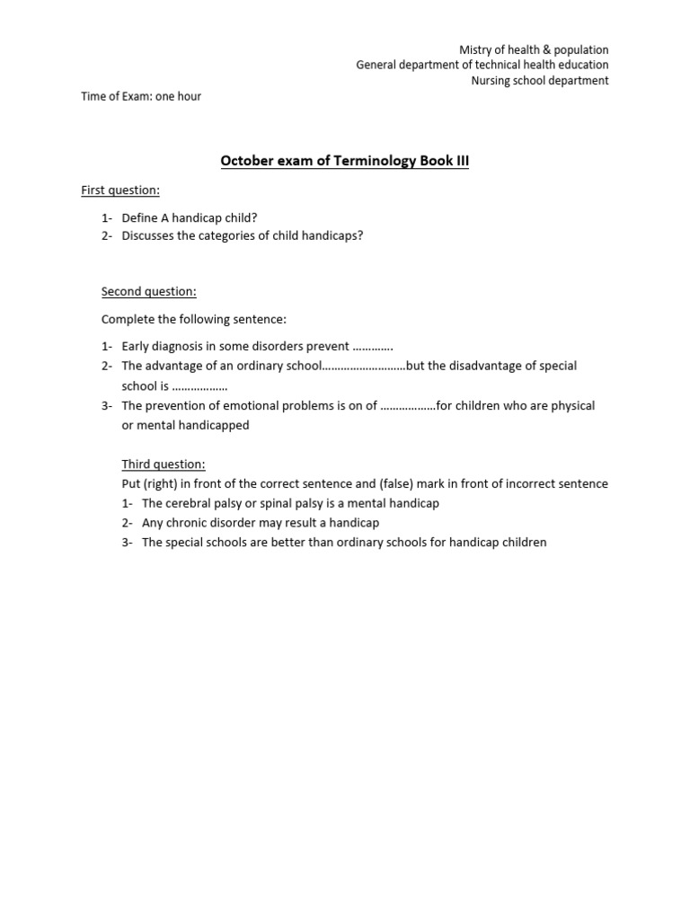 October Exam of Terminology Book III - 080743 | PDF