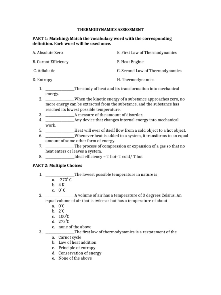 Thermodynamics Assessment PART 1: Matching: Match The Vocabulary Word ...