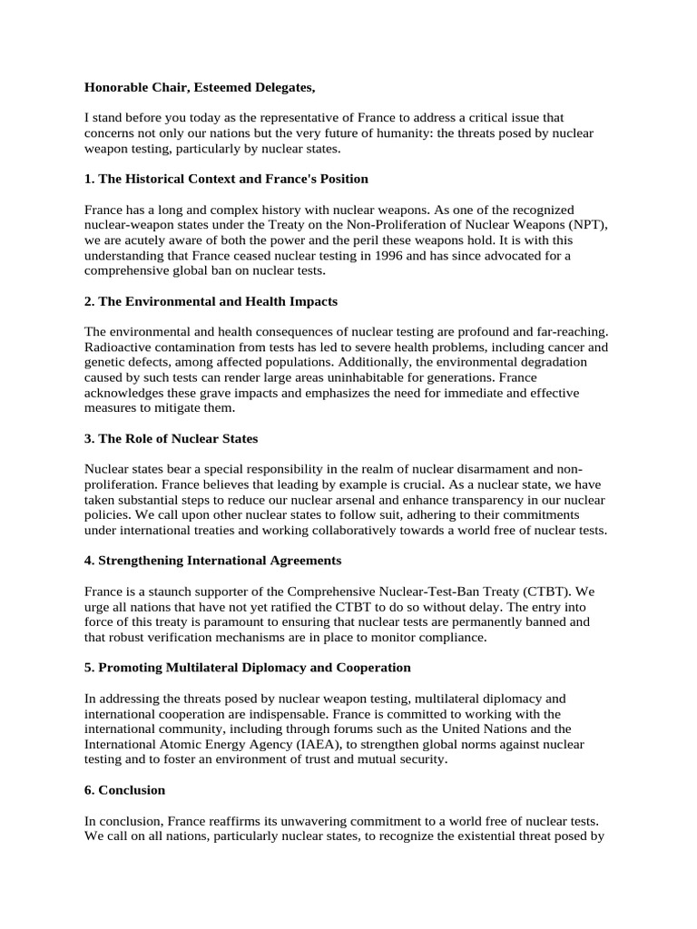 Honorable Chair | PDF | Nuclear Weapons | Nuclear Proliferation