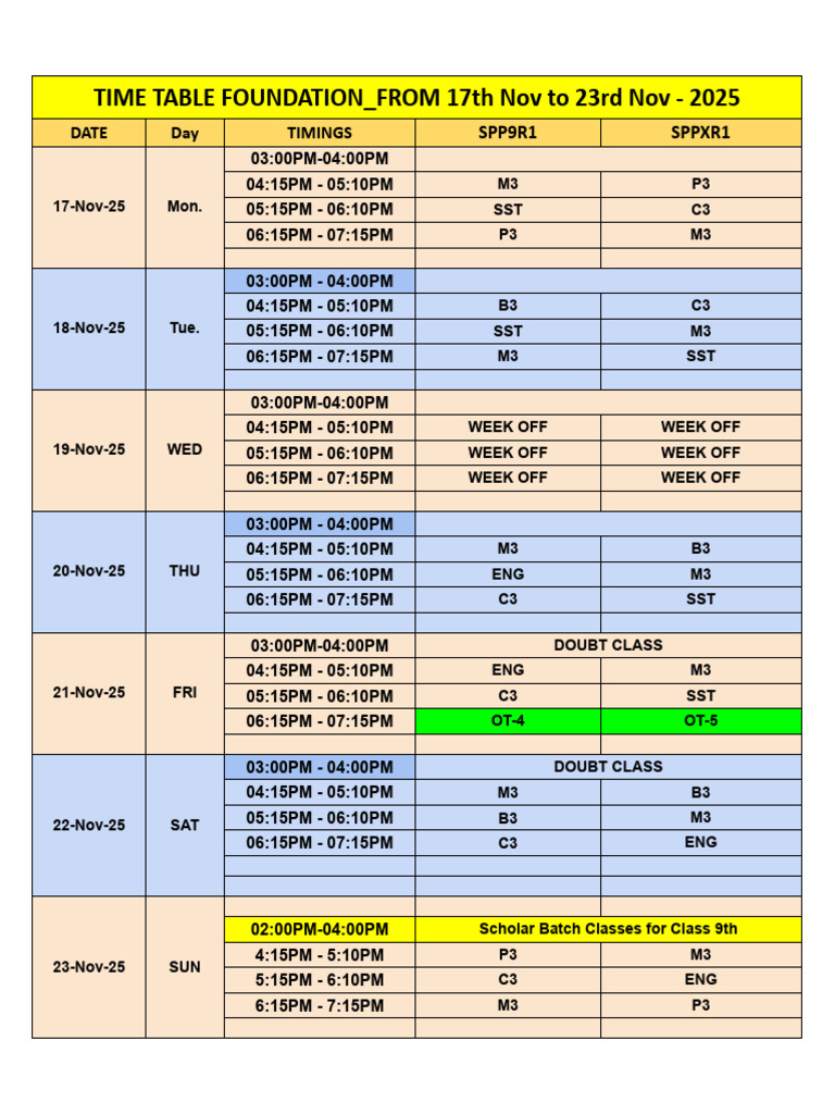Time Table Foundation 16th Nov. To 23rd Nov. 2025 | PDF
