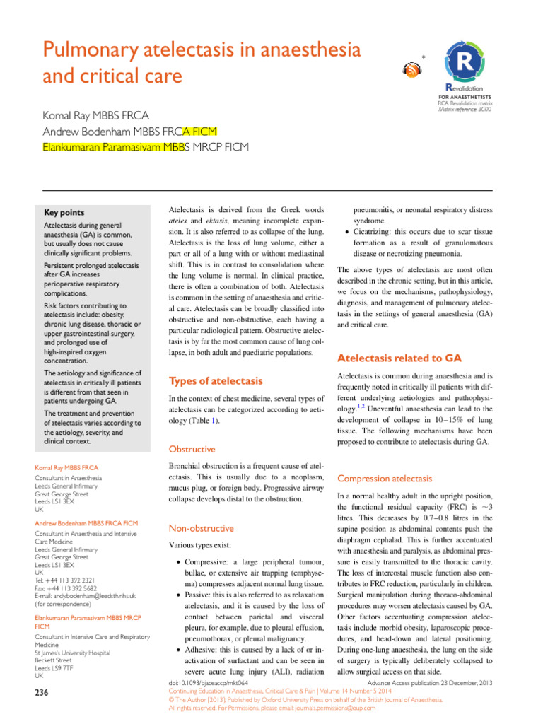 2014 Pulm Atelectasis in Anes | PDF | Lung | Respiratory Diseases