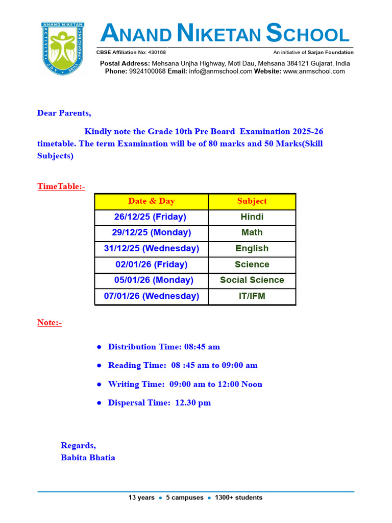 Grade 10 Pre Board Exam Timetable 2025-26 | PDF