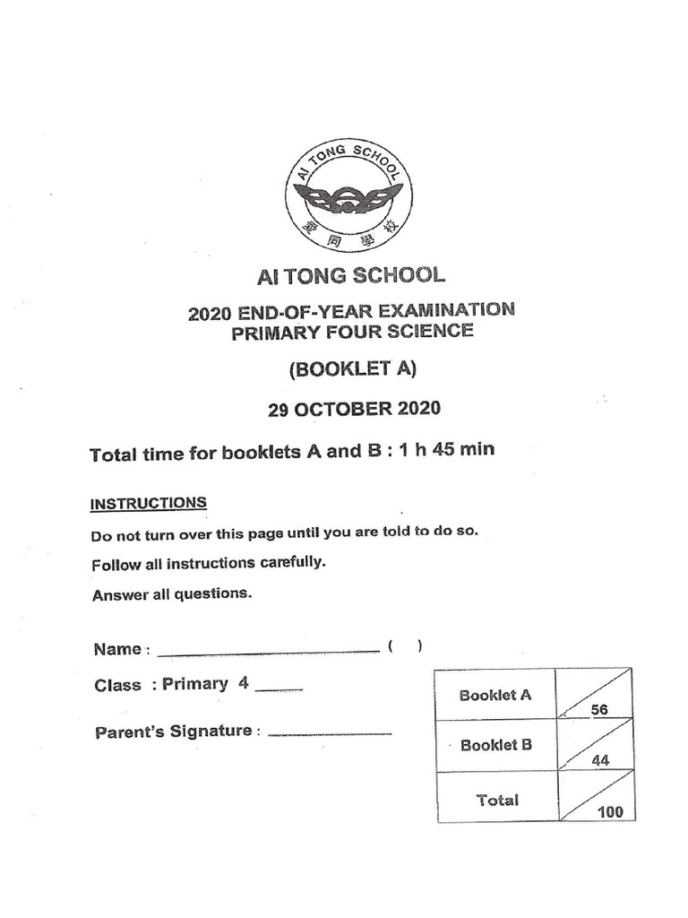 P4 Science 2020 SA2 Ai Tong Exam Paper | PDF