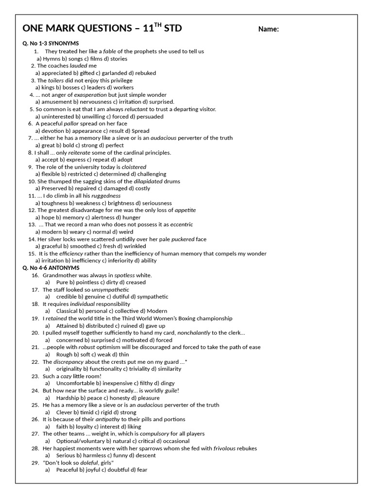 One Mark Questions - 11 | PDF | Syntax | Morphology