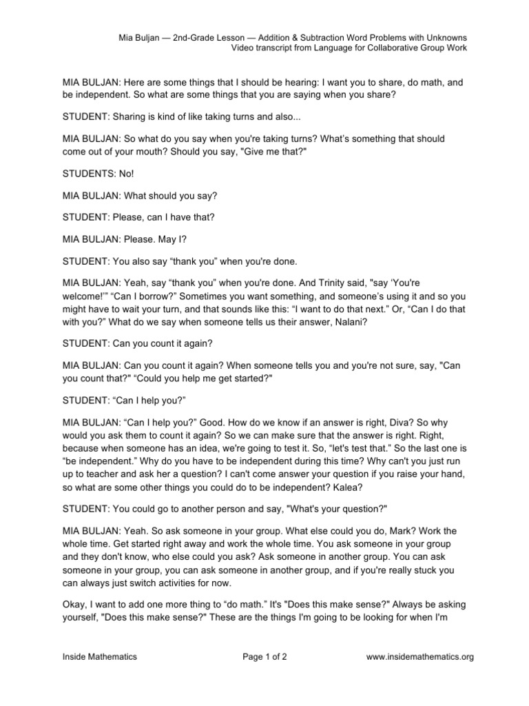 2nd Grade Add Subtract Word Problem Transcript Language Group Work | PDF