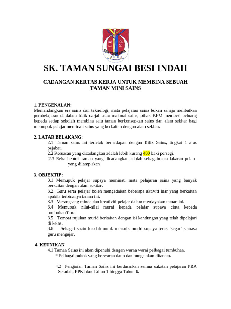 Kertas Kerja Taman Sains SKTSBI | PDF