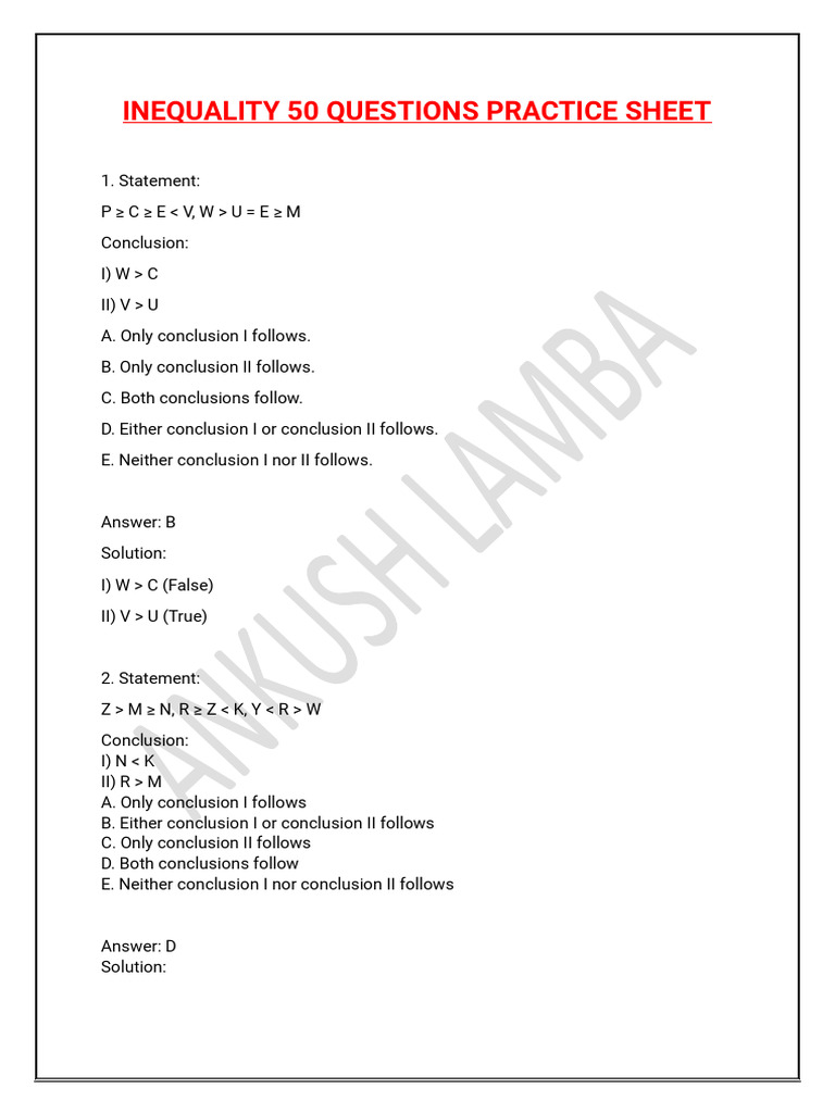 Inequality Practice Sheet | PDF | Inequality (Mathematics) | Chess Openings