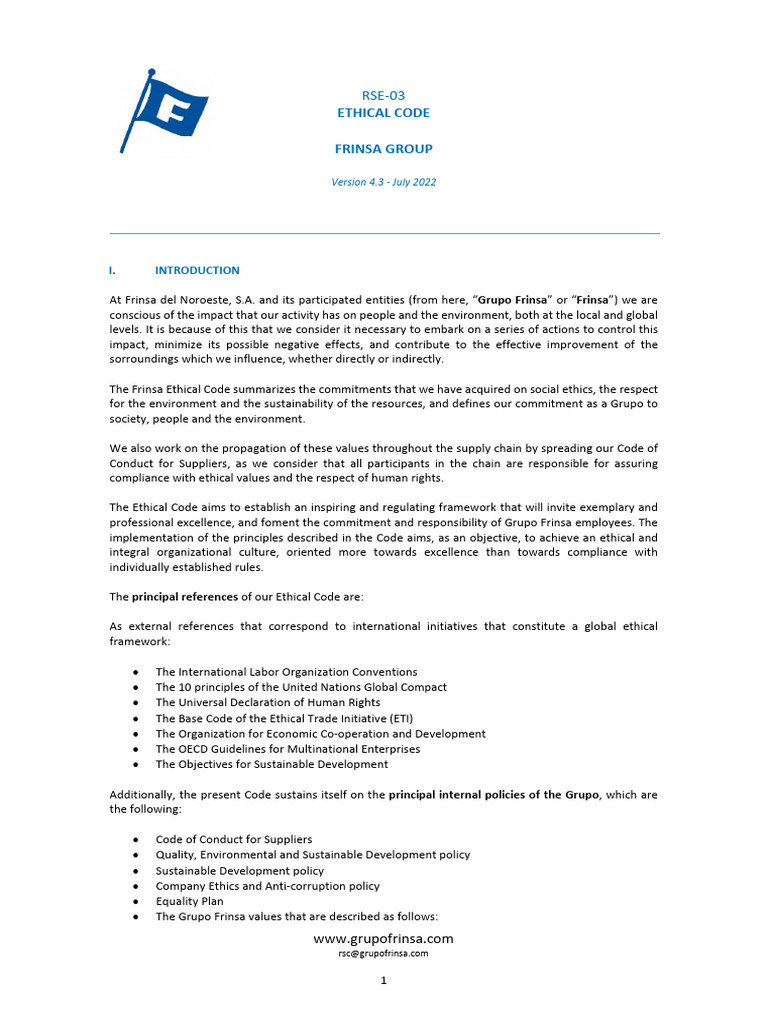 RSE 03 Ethical Code Grupo Frinsa Jul. 2022 v.4.3 Current | PDF | Supply ...