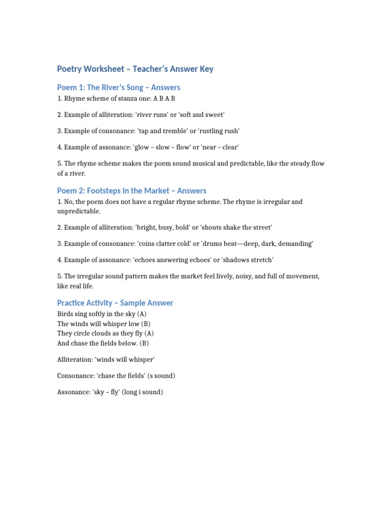 Poetry Worksheet Teachers Answer Key | PDF