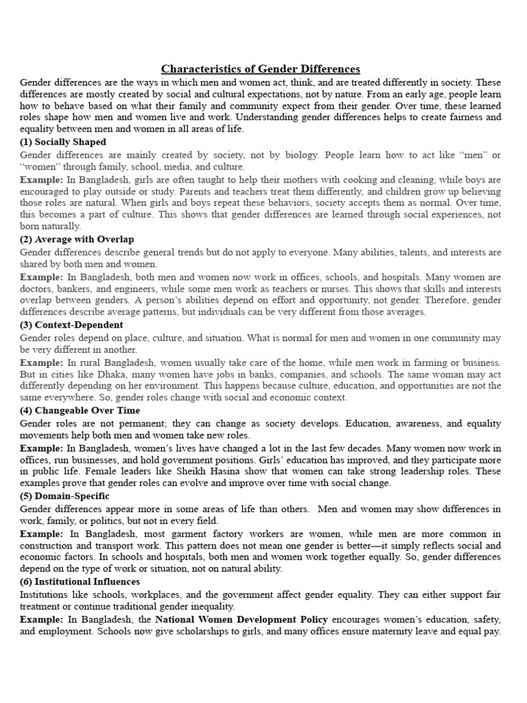 15 - 10 - 2025characteristics of Gender Differences | PDF | Gender Role | Woman