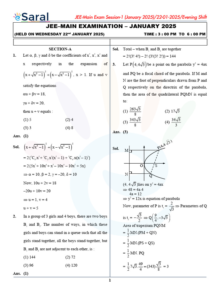 JEE Main 2025 Math Paper Solutions | PDF | Linear Algebra | Geometry