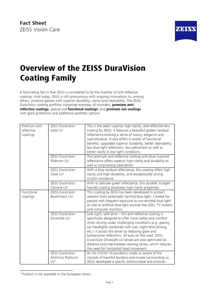 PR Zeiss Fact Sheet Overview Coatings en PDF | PDF | Sunglasses ...