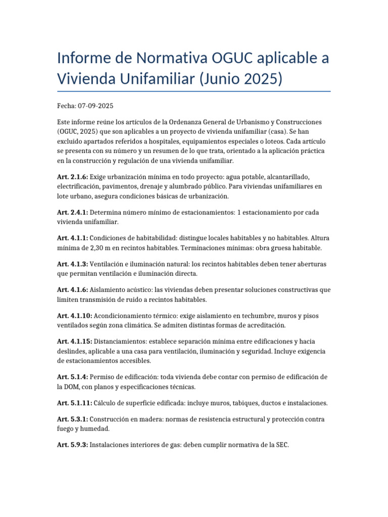 Informe OGUC Vivienda Unifamiliar Completo | PDF | Barrio residencial | Accesibilidad