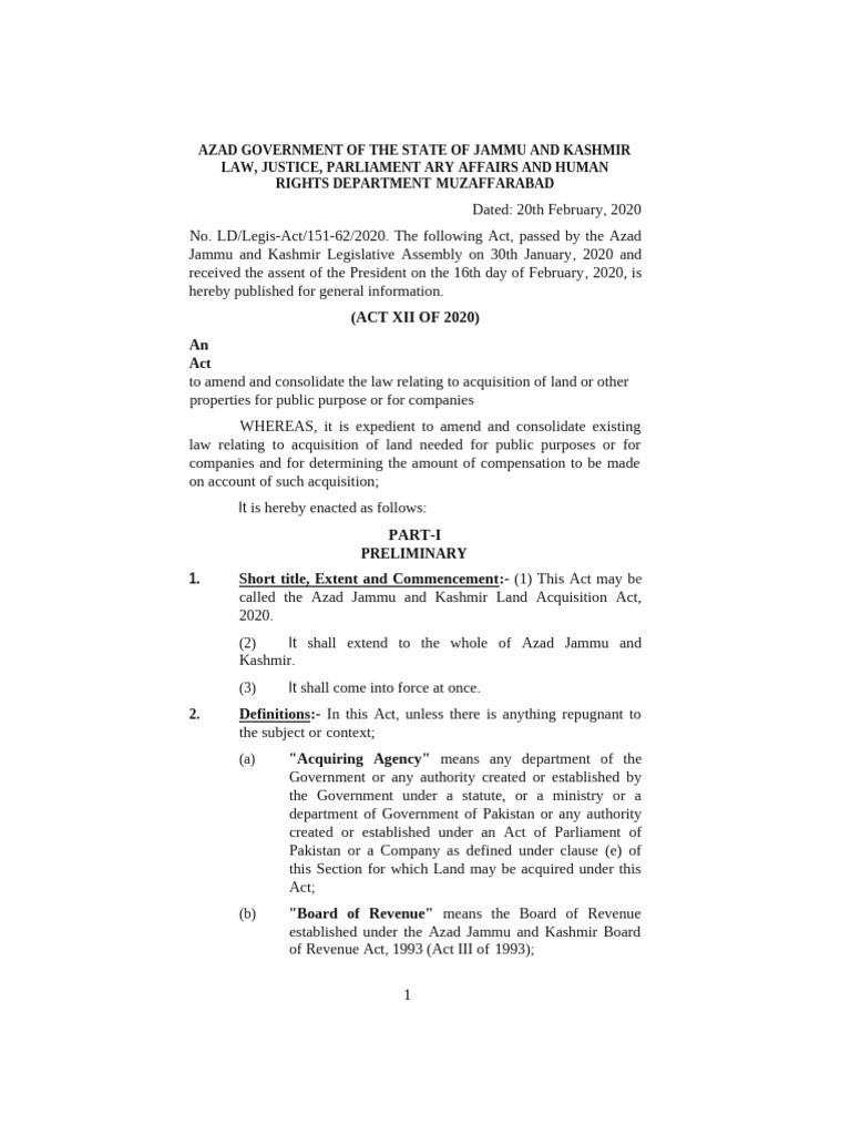 Jammu and Kashmir Land Acquisition Act 2020 | PDF | Apportionment ...