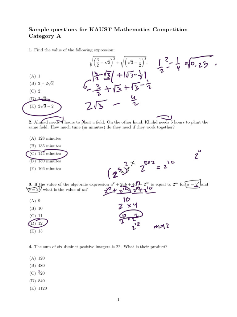 KAUST Math Competition Sample Questions | PDF | Numbers | Elementary ...