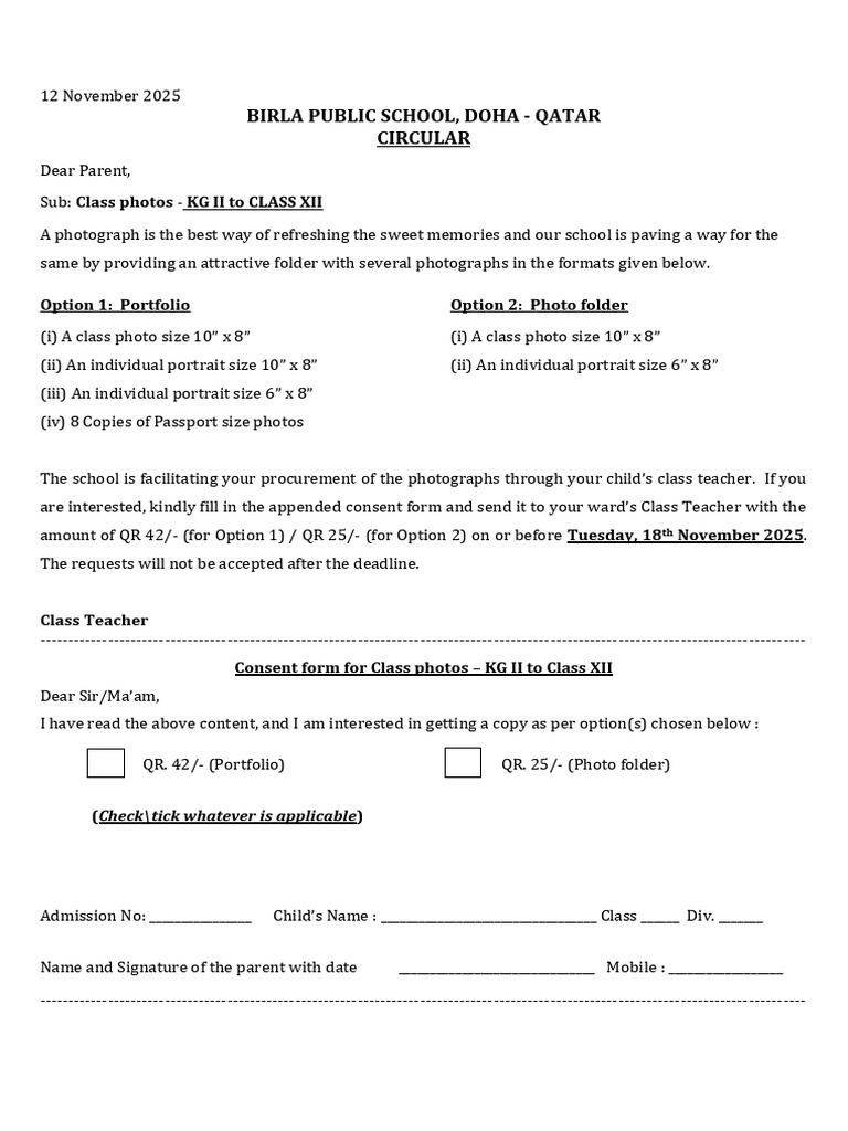 Circular - Class Photos - 2025-2026 - KG II To Grade XII | PDF