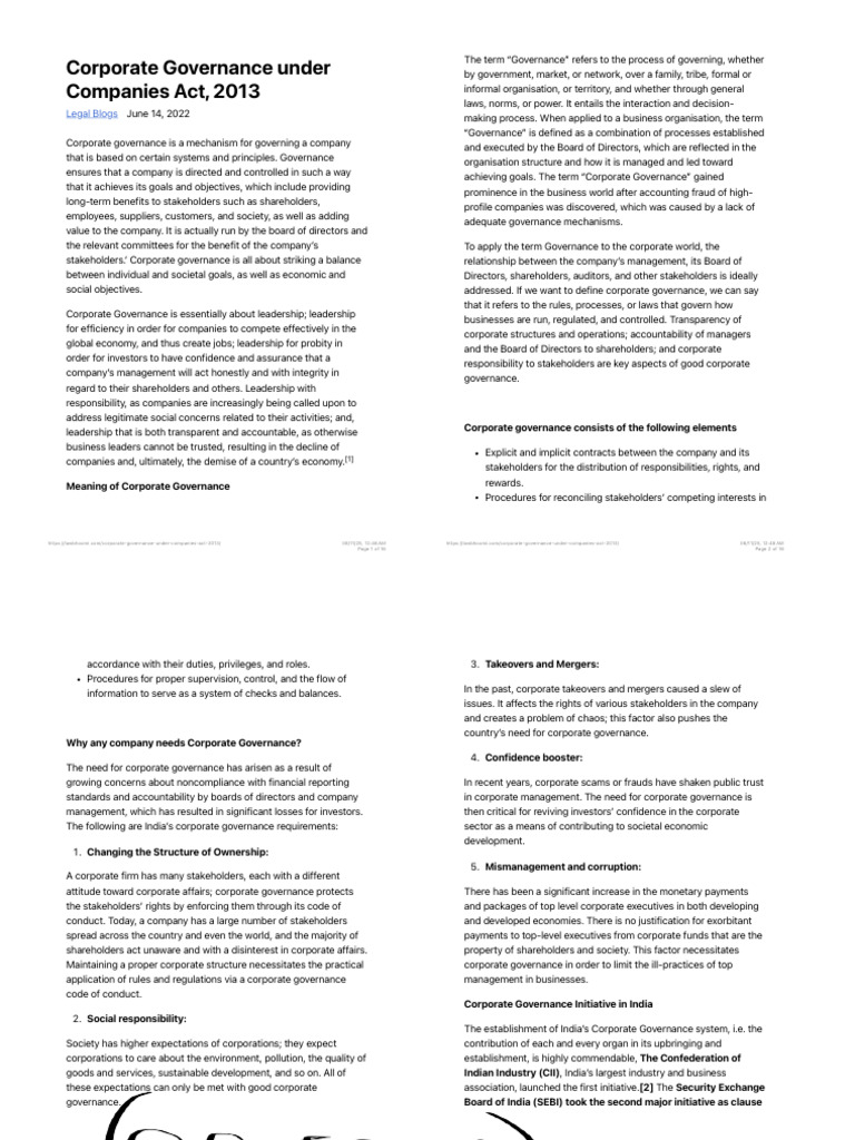 Corporate Governance Under Companies Act, 2013 | PDF | Corporate Governance | Governance