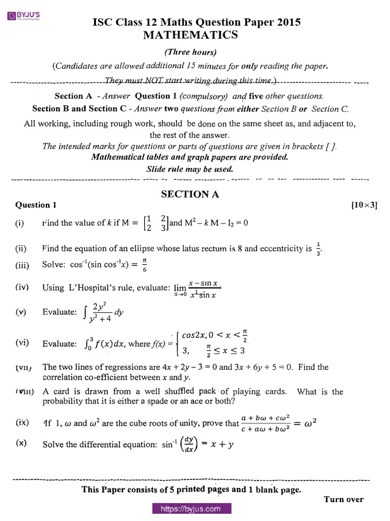 ISC Class 12 Maths Question Paper 2015 | PDF | Mathematics | Analytic ...