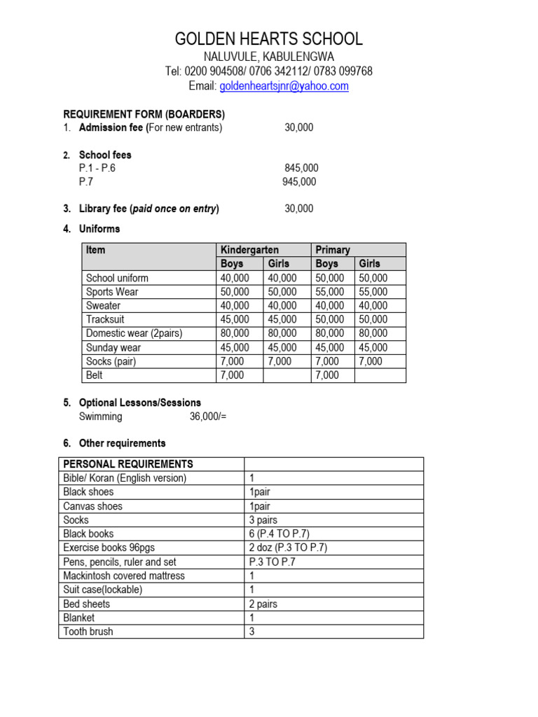 Golden Hearts School Boarding Requirements | PDF | Clothing