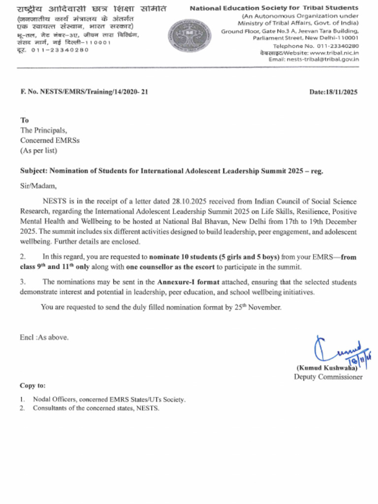 Letter For Bal Bhavan Nomination | PDF | Mental Health | Psychology