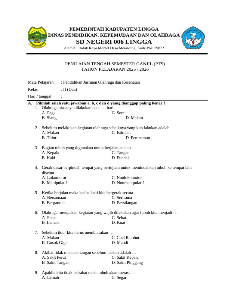 Soal PJOK Kelas 2 SD Negeri 006 Lingga | PDF