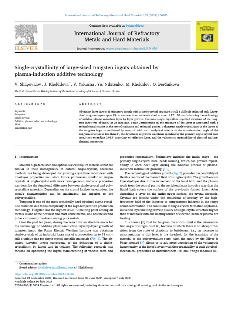 Single-Crystallinity of Large-Sized Tungsten Ingots Obtained by Plasma ...