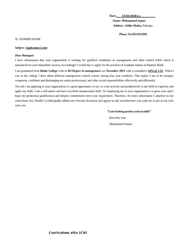 Mohammed Oumer CVS For Rammis Bank | PDF