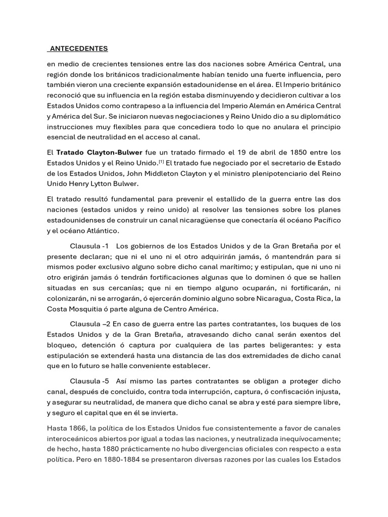 Tratado Clayton-Bulwer y su Impacto | PDF | Relaciones Internacionales