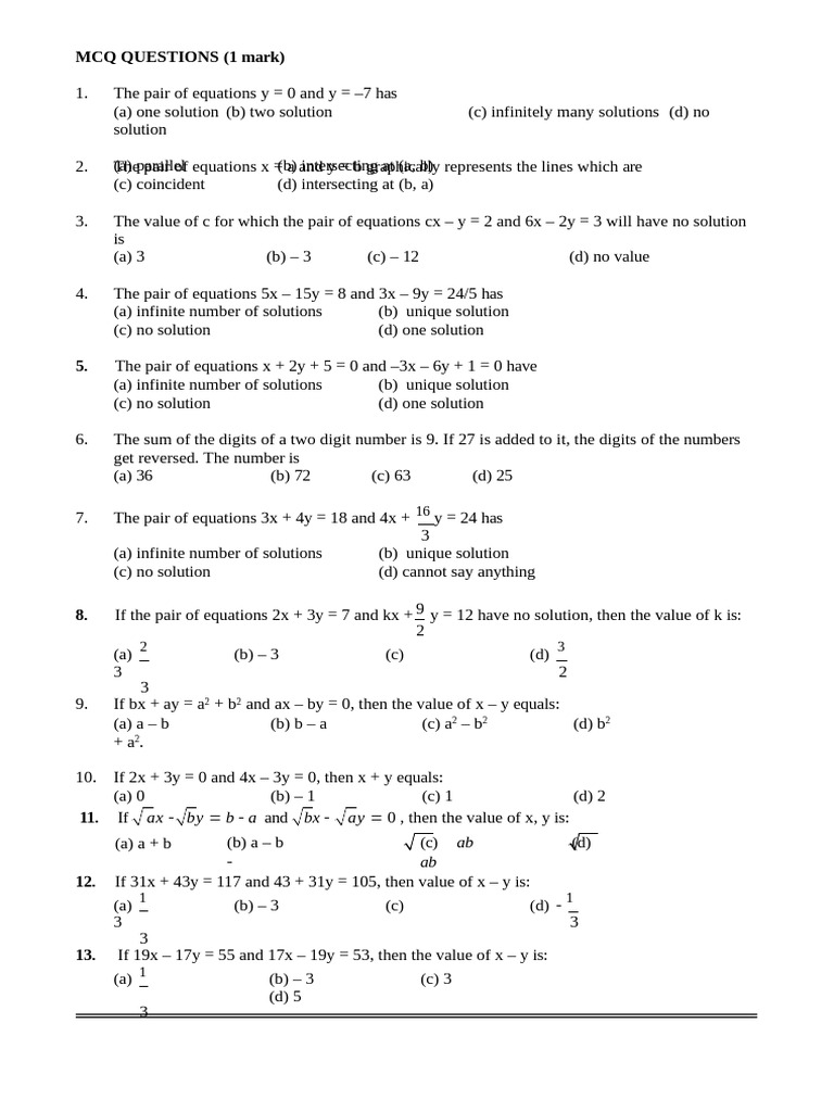 Linear Equations in Two Variables Most Important Questions-4-5 | PDF ...