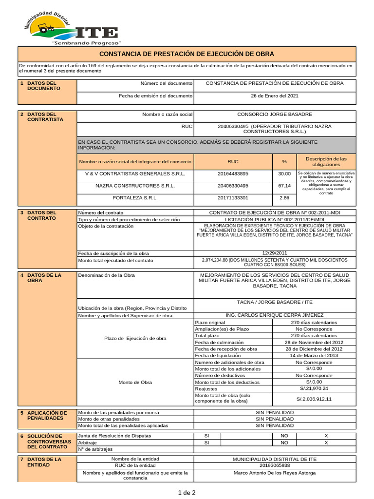 Constancia de Ejecución de Obra en Tacna | PDF