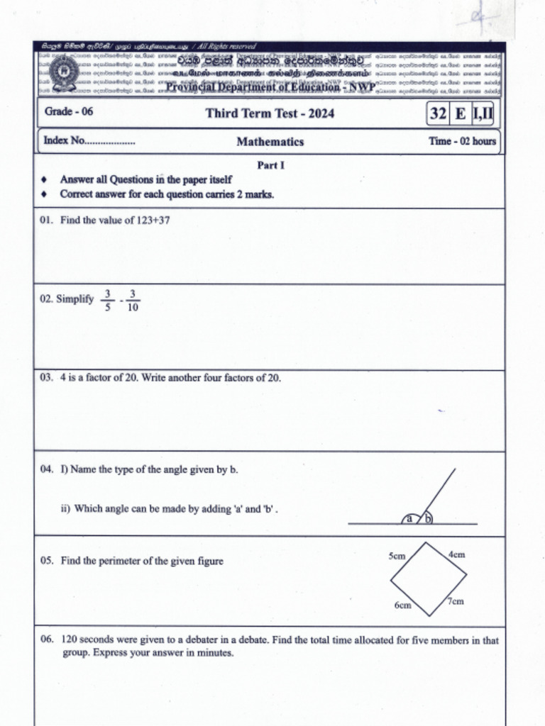 Grade 06 Mathematics EM Paper NWP 2024 Past Paper Wiki | PDF