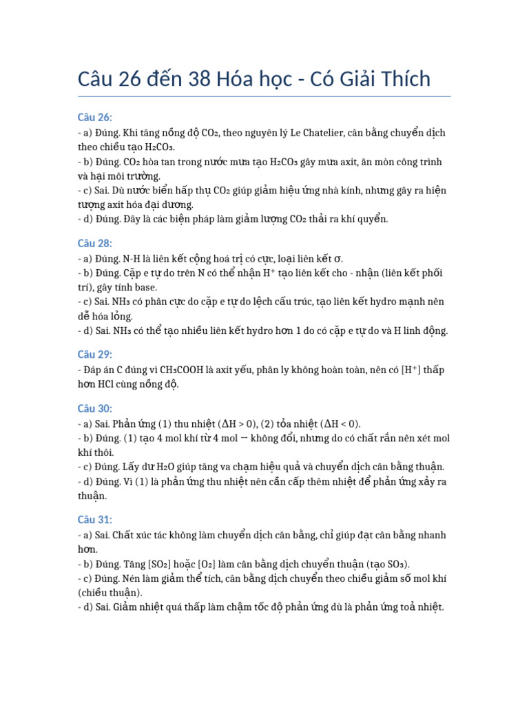 Cau 26 Den 38 Hoa Hoc Giai Thich | PDF
