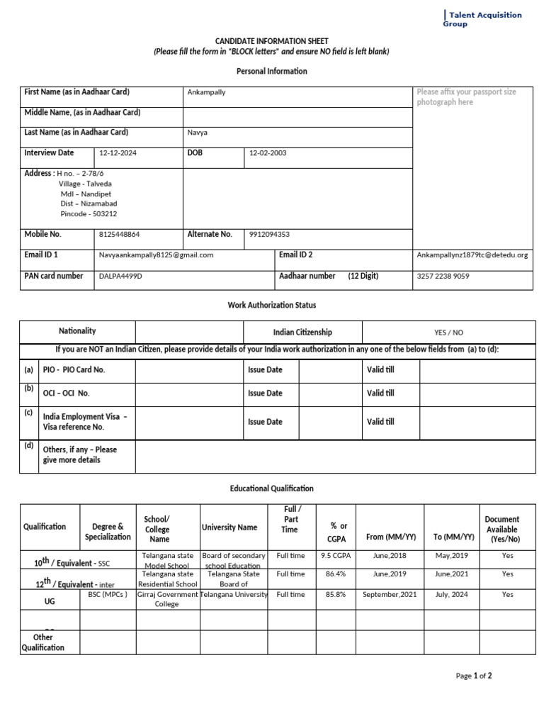 Candidate Information Sheet - Cognizant 2023 | PDF | Government And ...