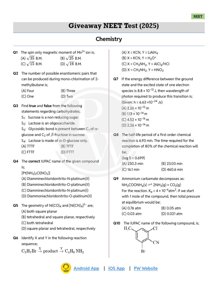 NEET 2025 Chemistry Practice Questions | PDF | Chemistry | Chemical ...