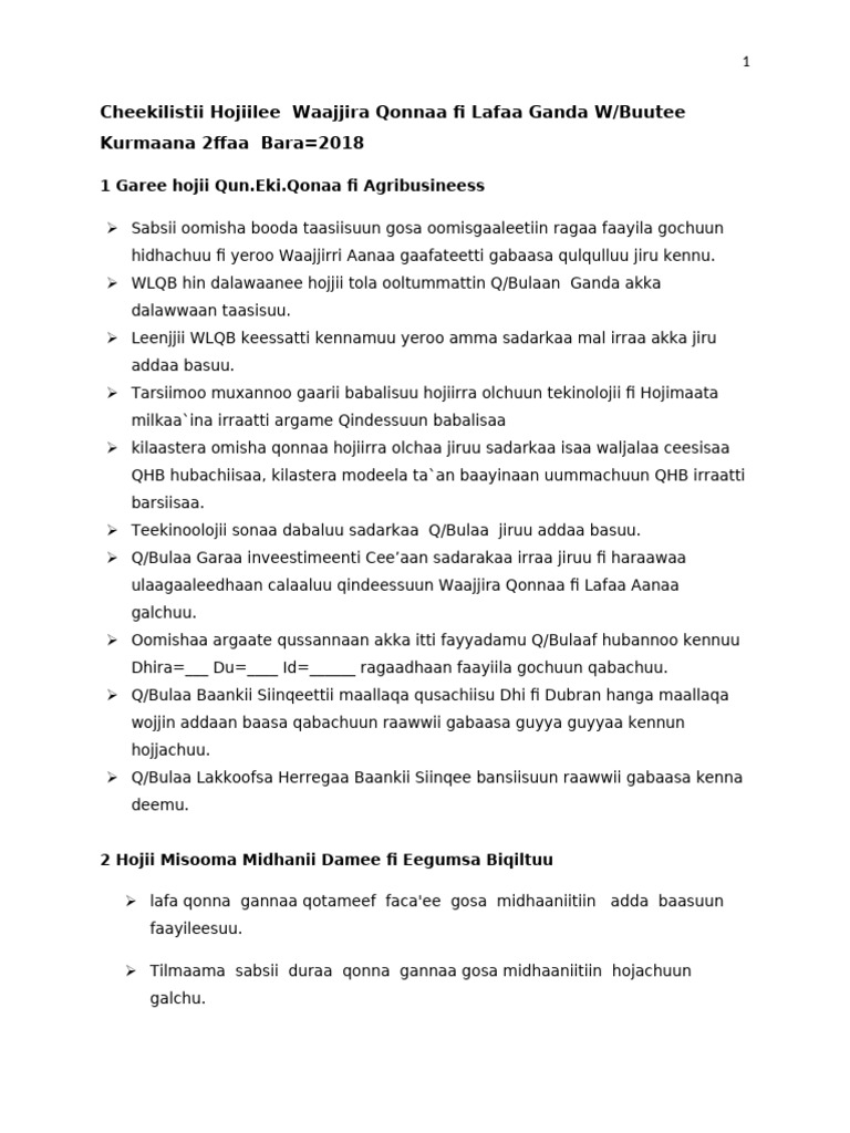 Cheekliistii Waajjira Qonnaa Fi Lafaa Kurm 2ffaa Gandaa Waaqaa Buutee | PDF