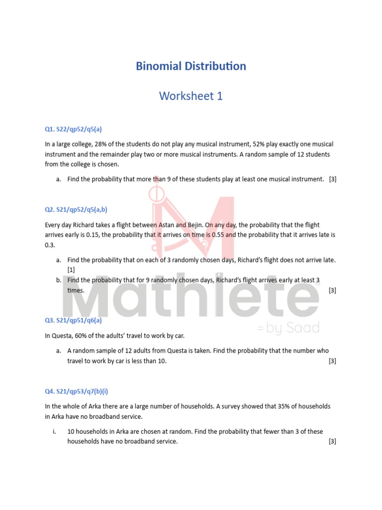 Binomial Distribution Worksheet 1 | PDF | Probability Theory | Measure ...