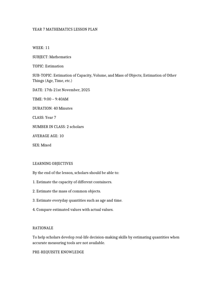 Week 11 Lesson Plan Year 7 Mathematics | PDF | Measurement | Teachers