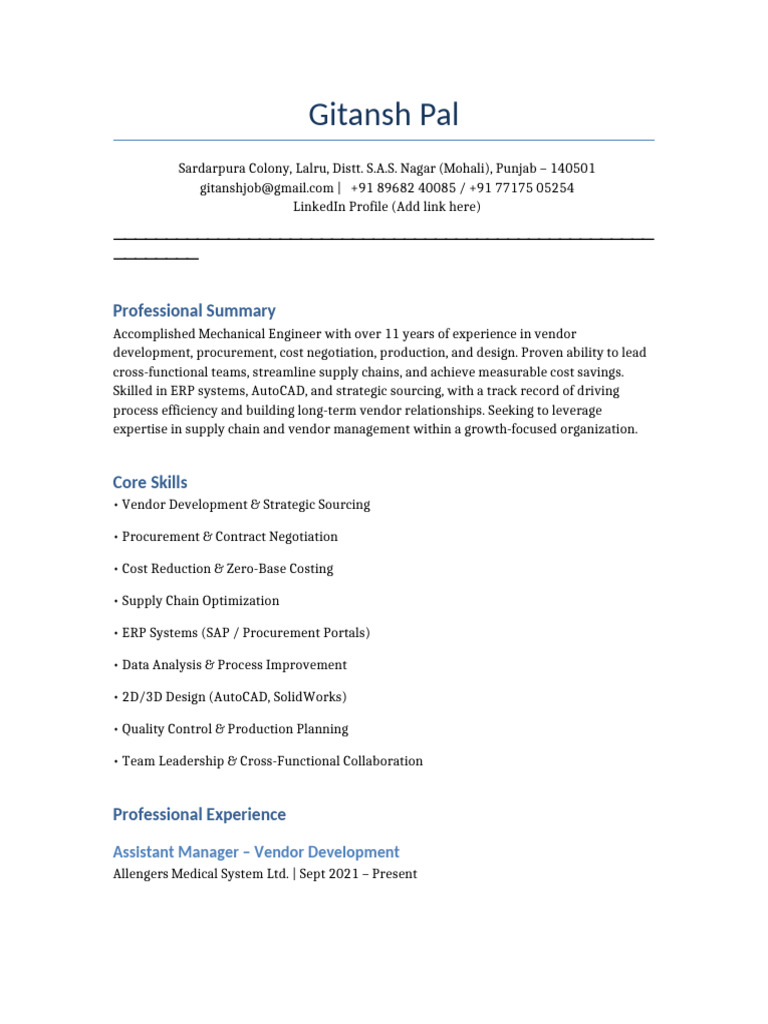 Gitansh Pal Resume 2025 | PDF | Supply Chain | Procurement